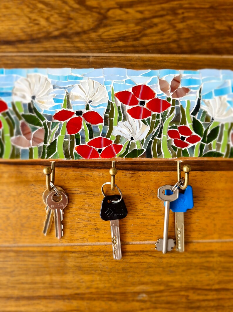 Key Holder for Wall Cute Flowers Unique Key Hooks Mosaic Flowers Key ...