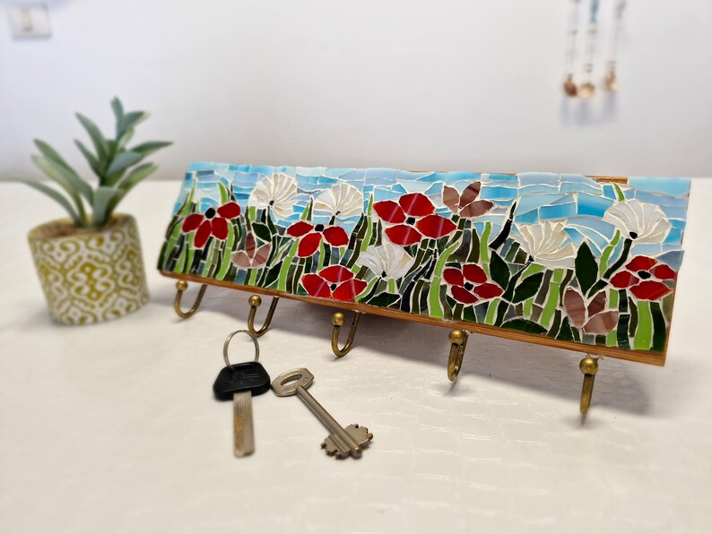 Key Holder for Wall Cute Flowers Unique Key Hooks Mosaic Flowers Key ...