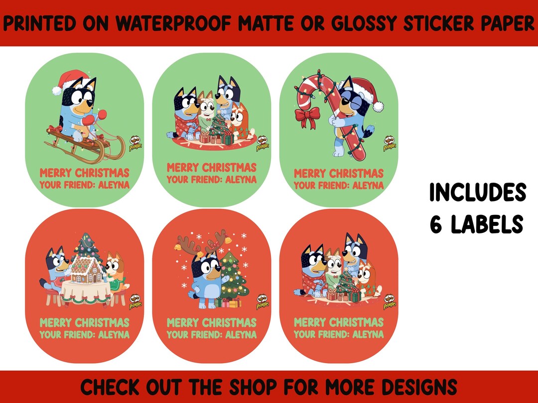Set of 6 Christmas Labels Pringles Chips Label Sticker Blue Dog ...