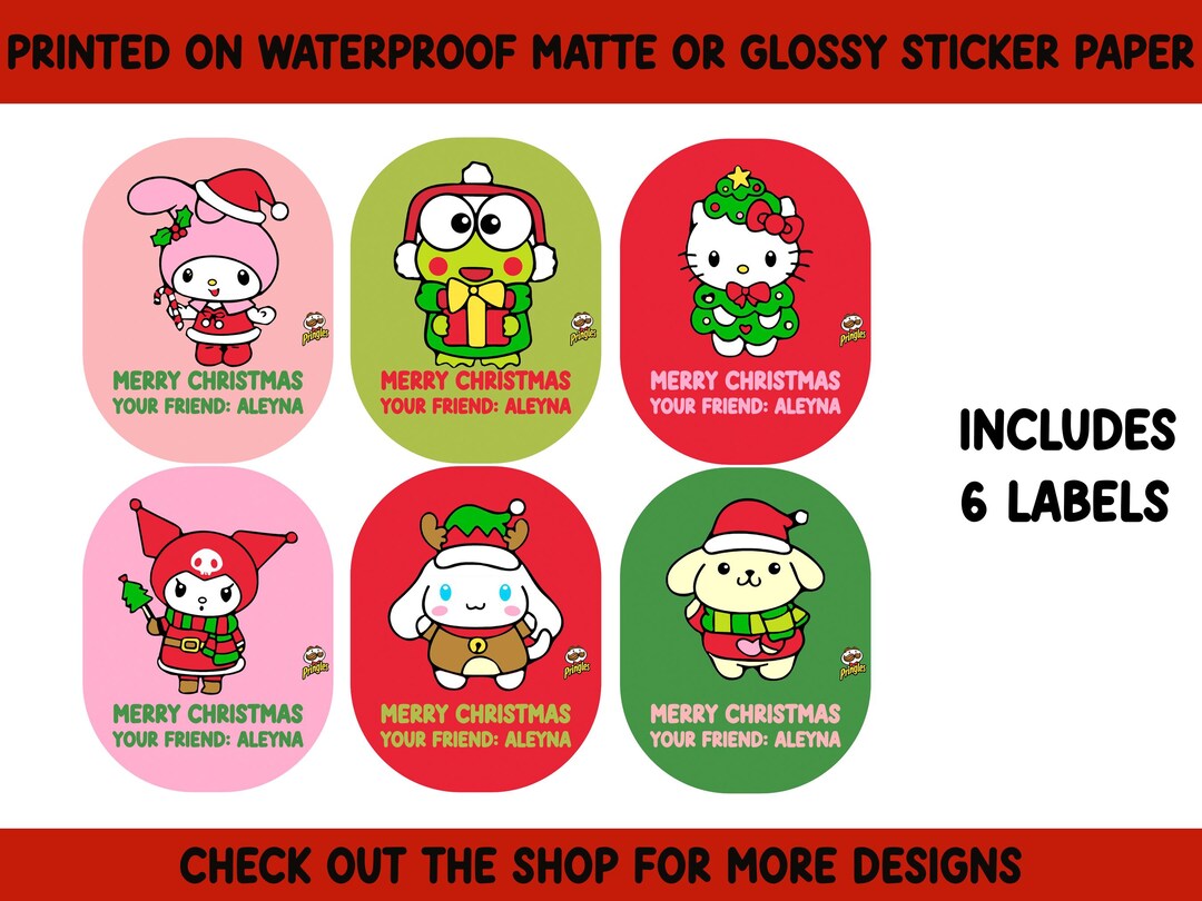 Set of 6 Christmas Labels Pringles Chips Label Sticker Kawaii Kitty ...
