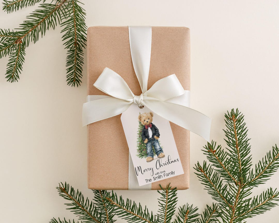 PRINTED Plaid Teddy Bear Gift Tags Sticker Label Personalized Christmas ...