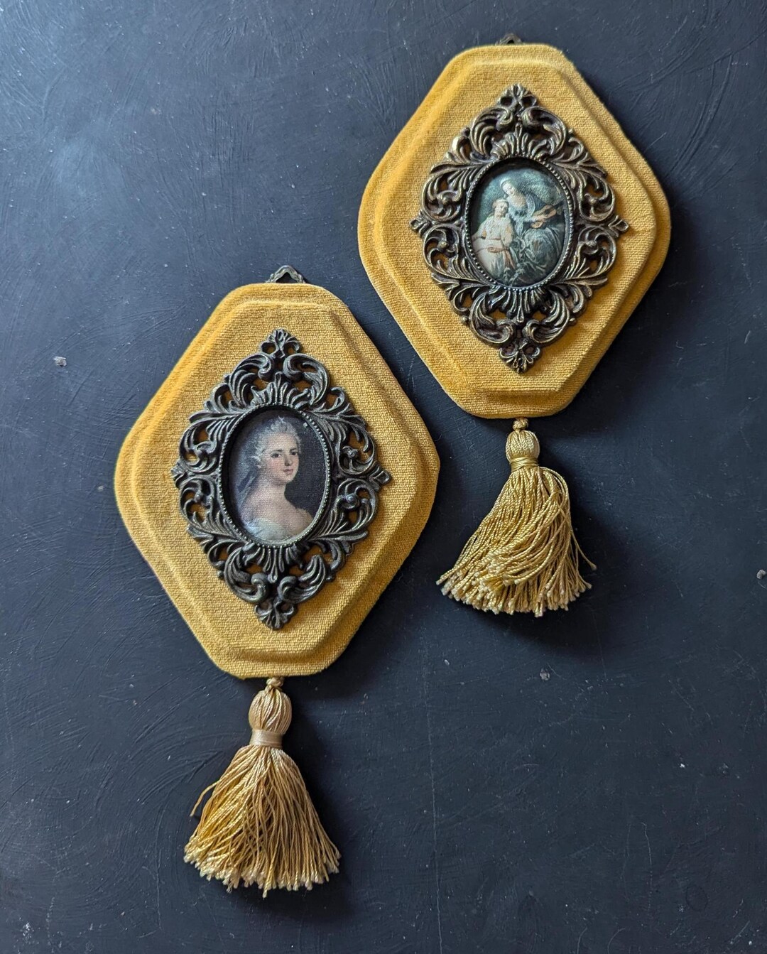 Vintage Wall Decor, Italian Velvet Plaques With Ornate Metal Frame and ...