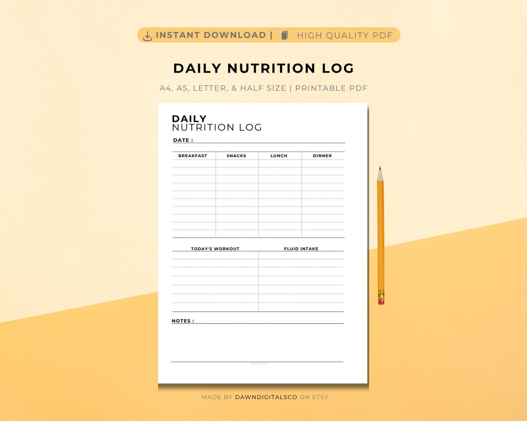 Daily Nutrition Log, Meal Log, Food Log, Nutrition Log, Diet Log, Food ...