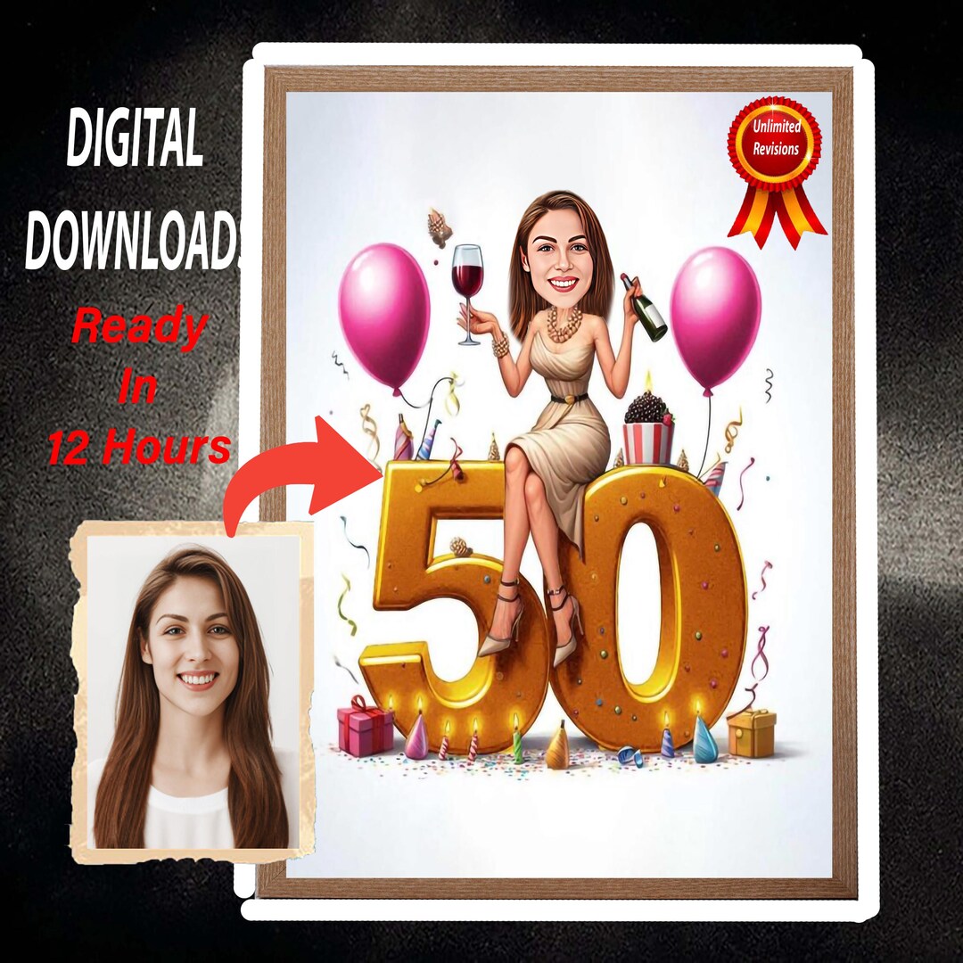 Personalized 50th Birthday Caricature Portrait: Custom Cartoon Gift ...