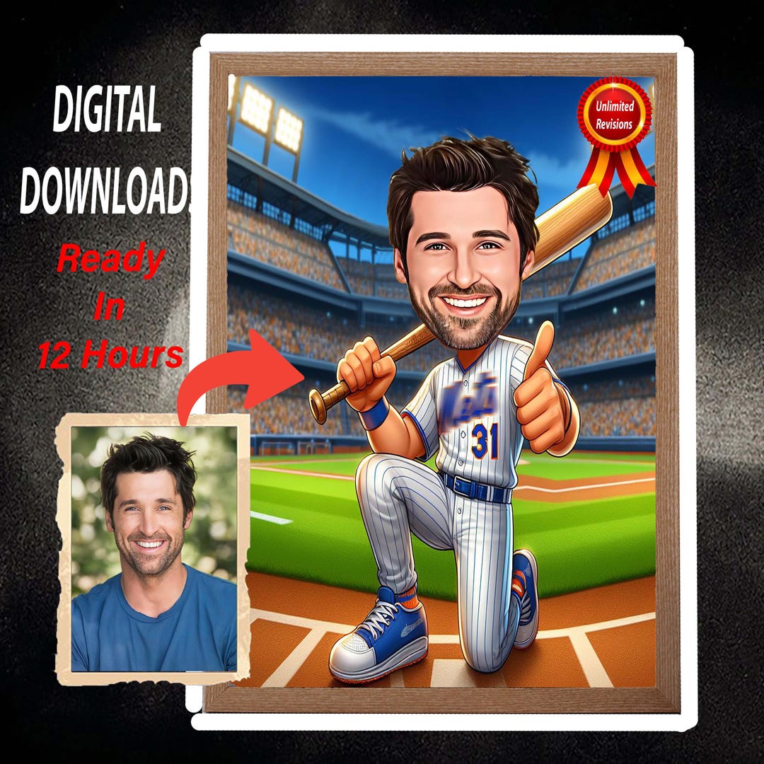 New York Mets Cartoon Portrait Custom Funny Baseball Player Caricature ...