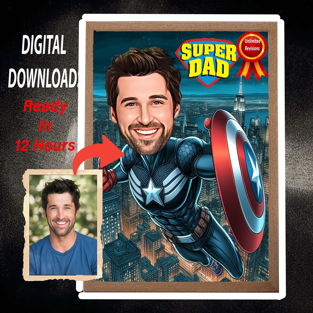 Father's Day Cartoon Caricature Portrait, Super Dad, Custom Superhero ...