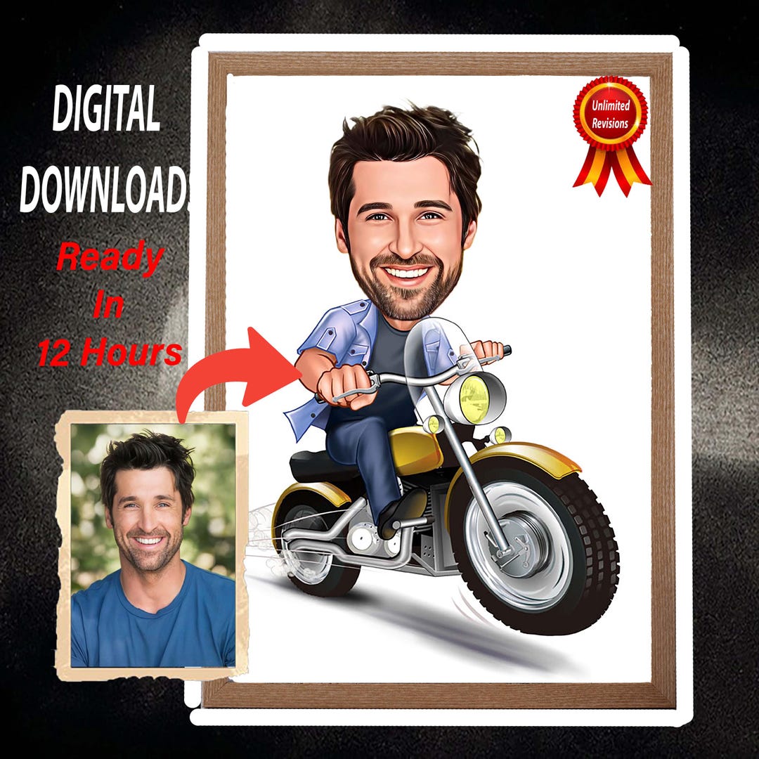 Male Biker Caricature | Custom Motorcycle Rider Portrait | Personalized ...