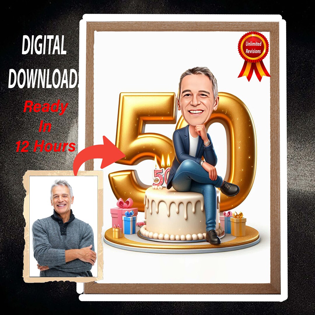 50th Birthday Caricature Gift: Custom Cartoon Portrait (digital ...