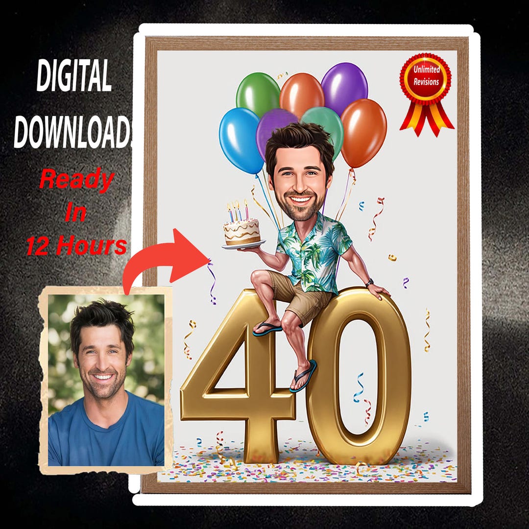 Personalized 40th Cartoon Portrait, 40th Birthday Caricature, Birthday ...