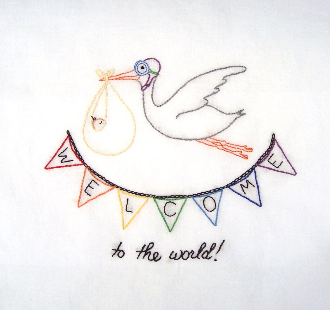 Welcome to the World New Baby Hand Embroidery PDF Pattern With Stork ...
