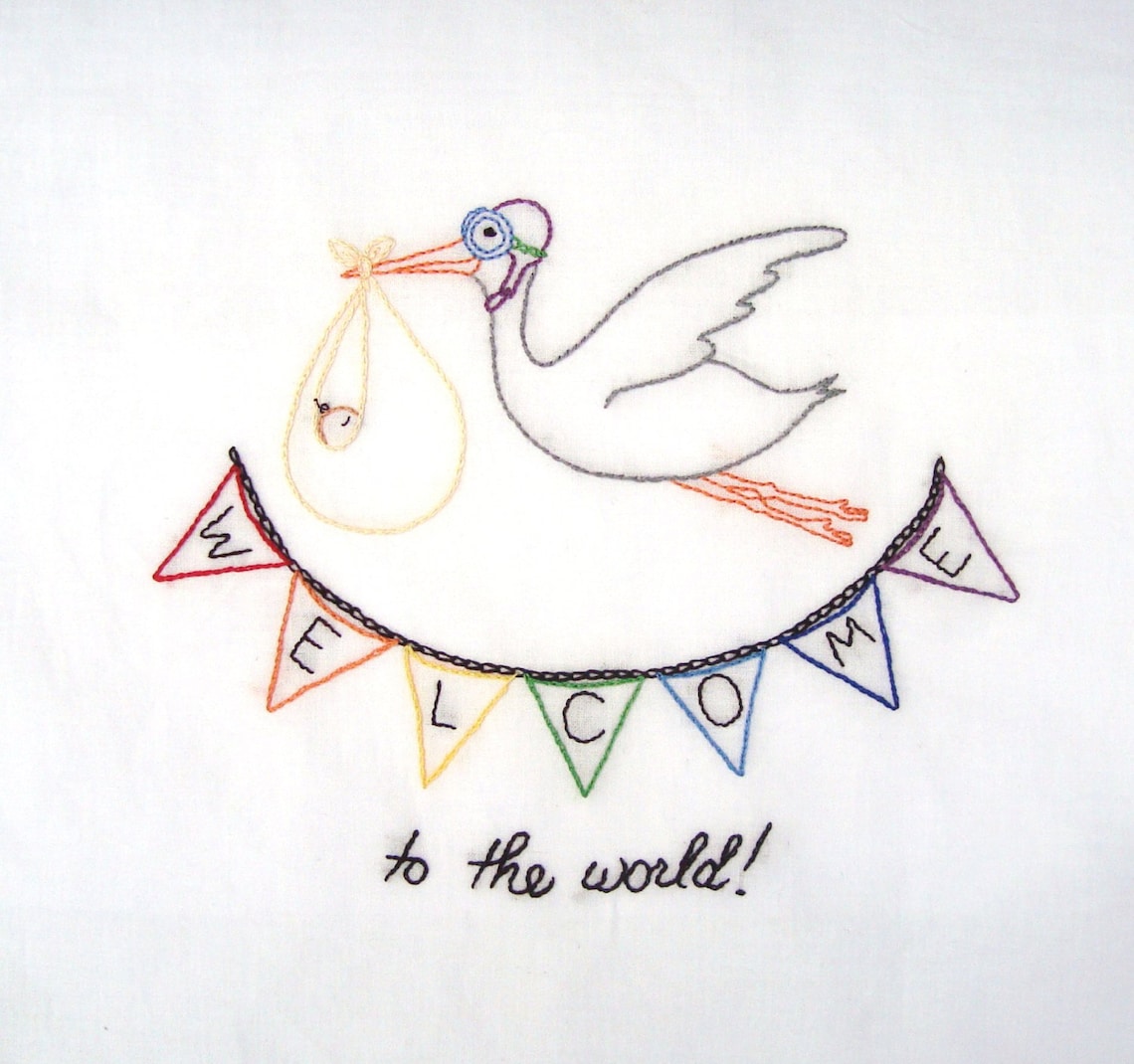 Welcome to the World New Baby Hand Embroidery PDF Pattern With Stork ...