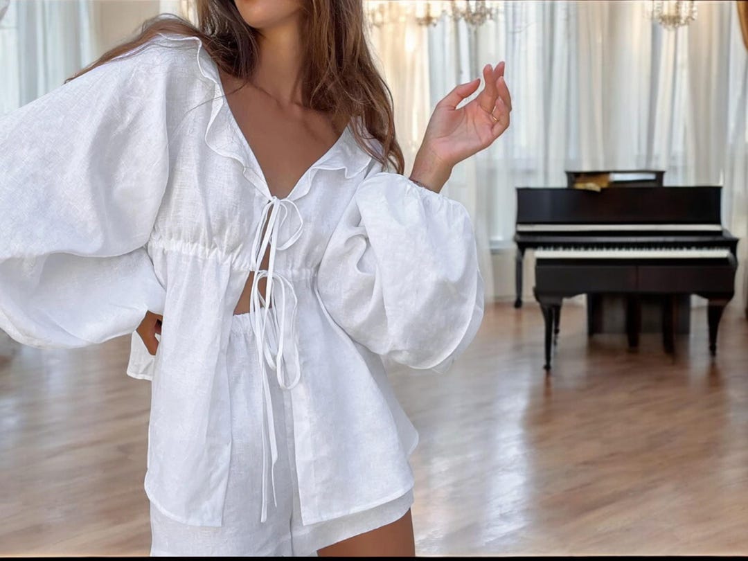 Women's White Linen Shorts Set | Stylish Lace-up Loose Top ...