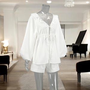 Women's White Linen Shorts Set | Stylish Lace-up Loose Top ...