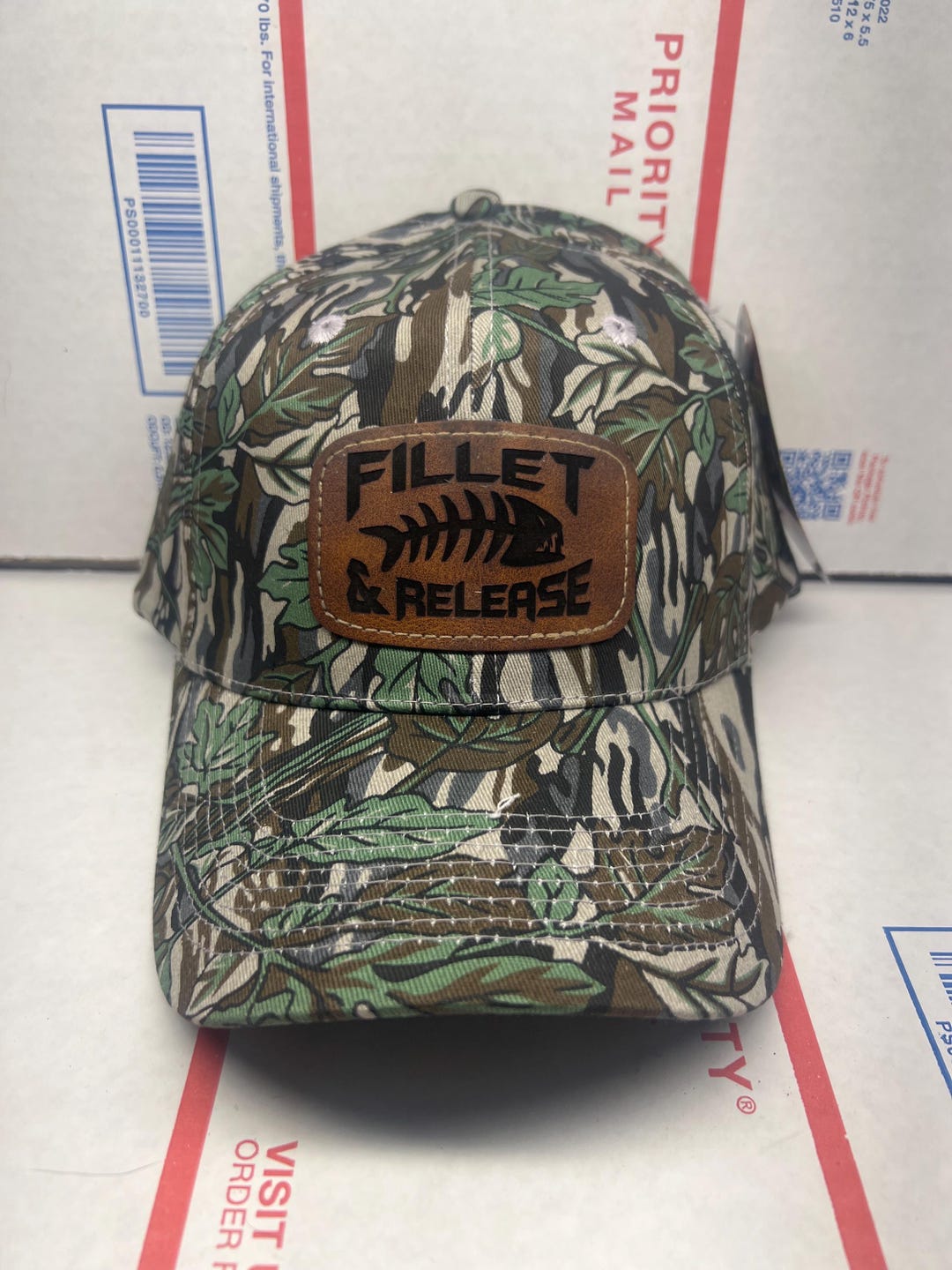 Fillet & Release Custom Leather Patch Flex Fit Style Size S/M Custom ...