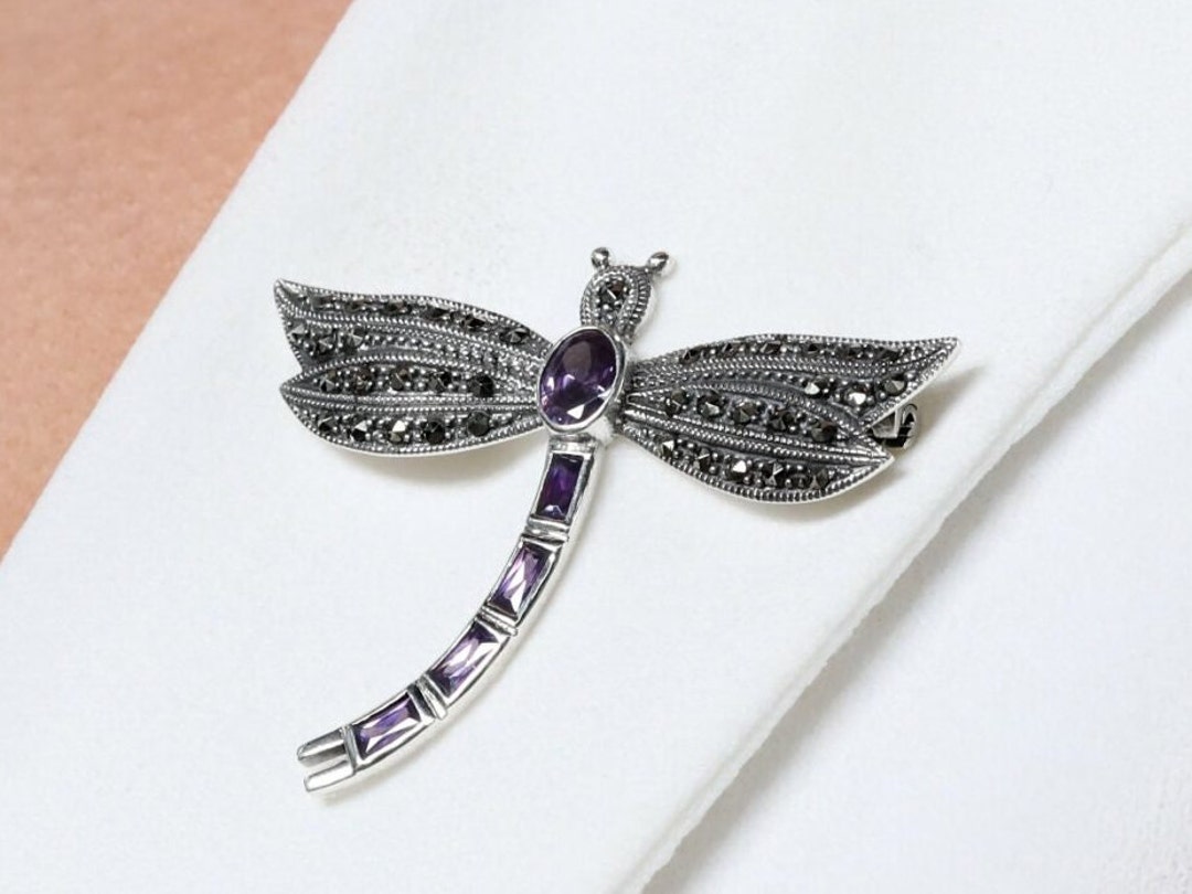 Amethyst Dancing Dragonfly Brooch, 925 Sterling Silver and Marcasite ...