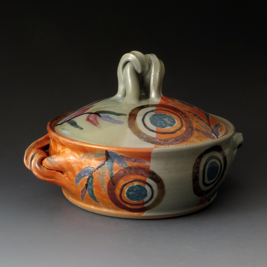 Ceramic Covered Casserole, Circles and Sprigs Motif, Handmade Baking ...