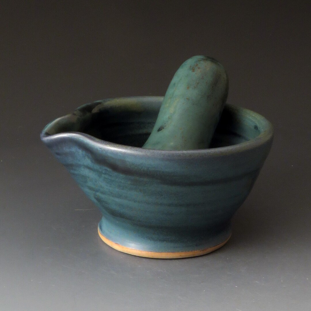 Ceramic Mortar and Pestle, Teal Glaze, Handmade Ceramic Grinding Bowl ...