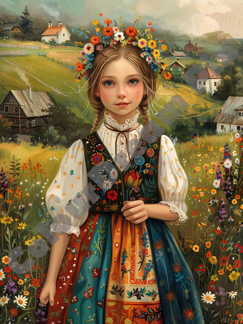 Traditional Polish Folk Art Print at Home Girl in Vibrant Folk Costume ...