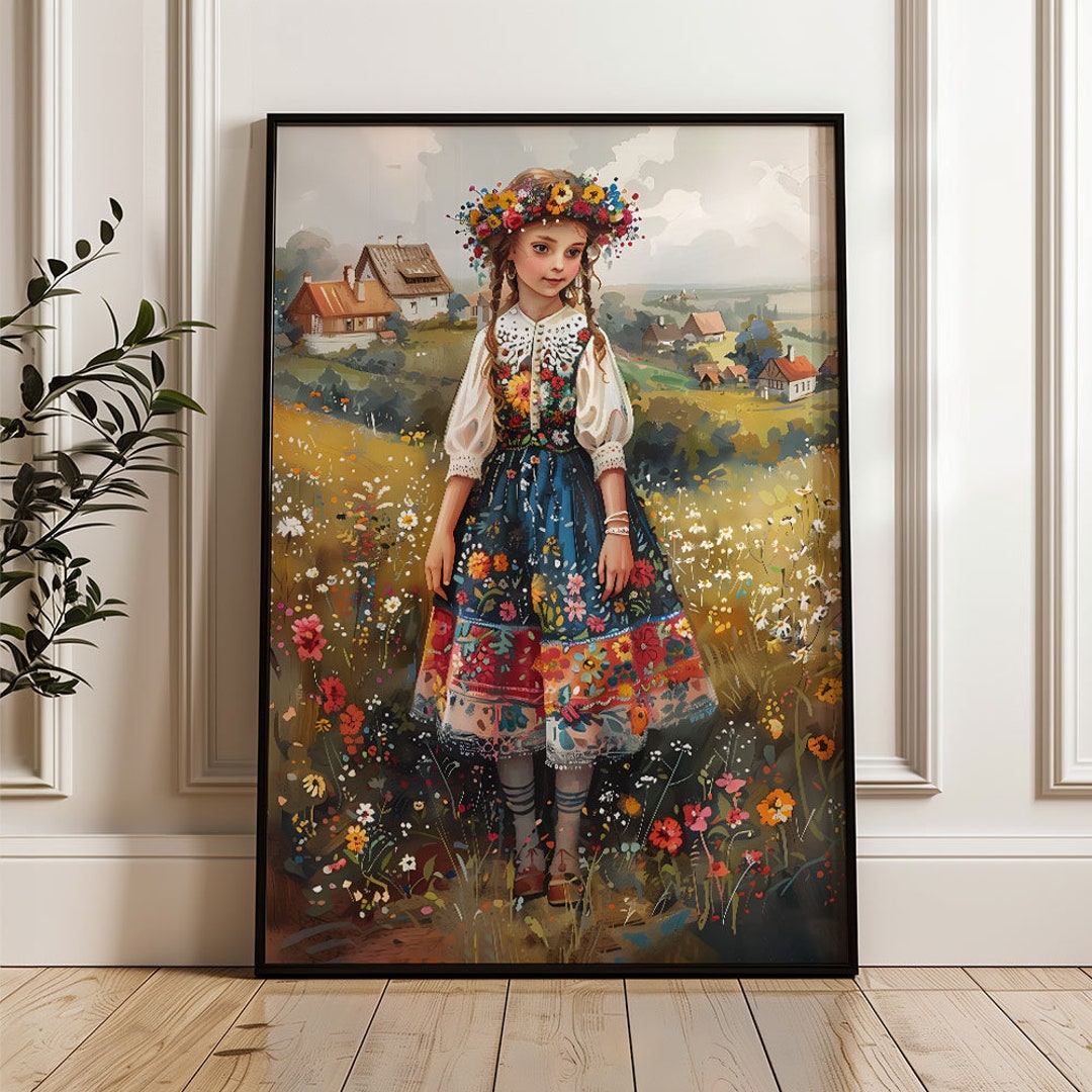 Printable Traditional Polish Folk Art Print at Home Girl in Vibrant ...