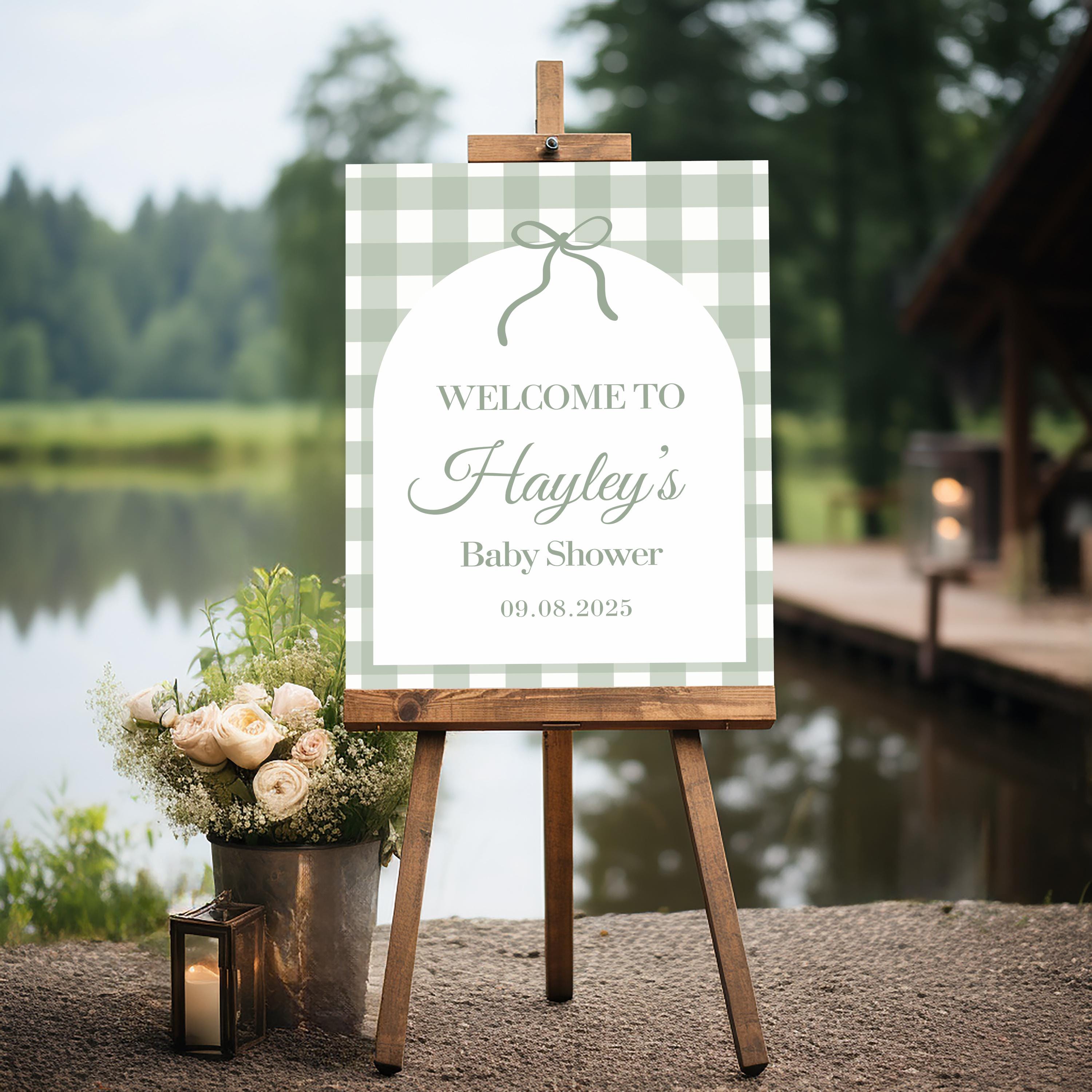 Green Plaid Welcome Sign Baby Shower Editable Green Gingham & Bow Baby ...