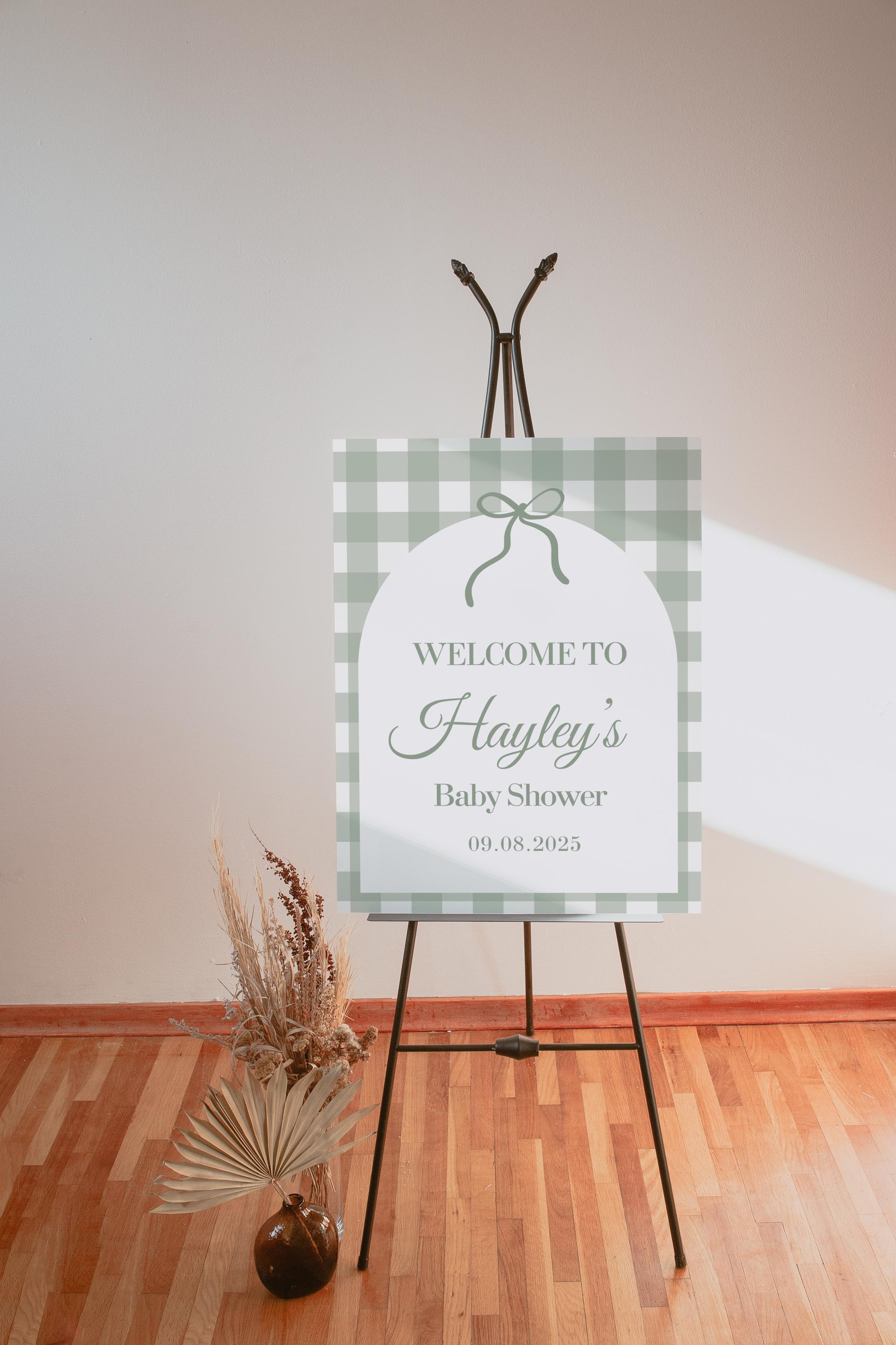 Green Plaid Welcome Sign Baby Shower Editable Green Gingham & Bow Baby ...