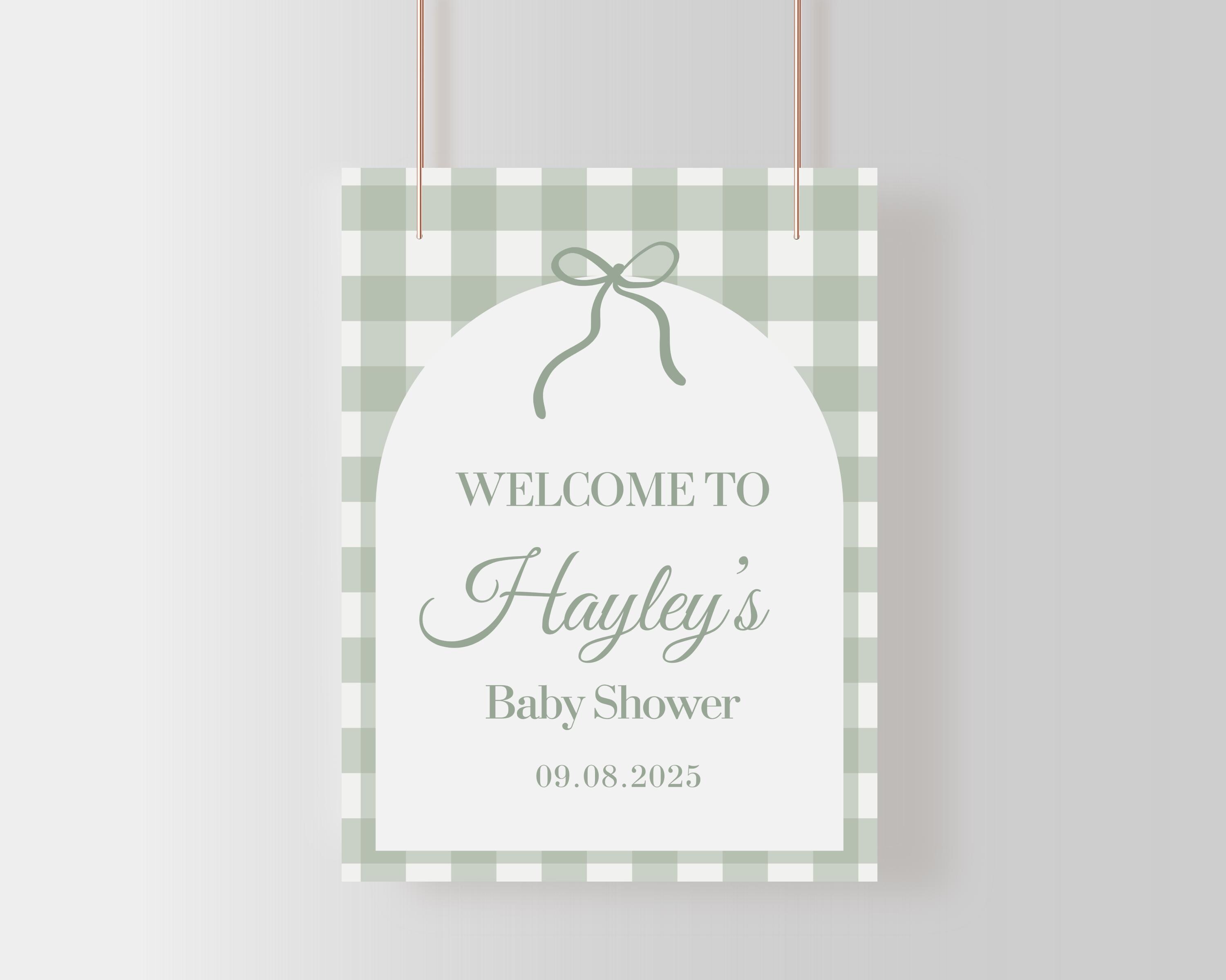 Green Plaid Welcome Sign Baby Shower Editable Green Gingham & Bow Baby ...