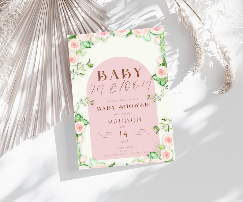 Printable Baby in Bloom Invitation Template Editable Pink Peony Baby ...