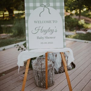 Green Plaid Welcome Sign Baby Shower Editable Green Gingham & Bow Baby ...