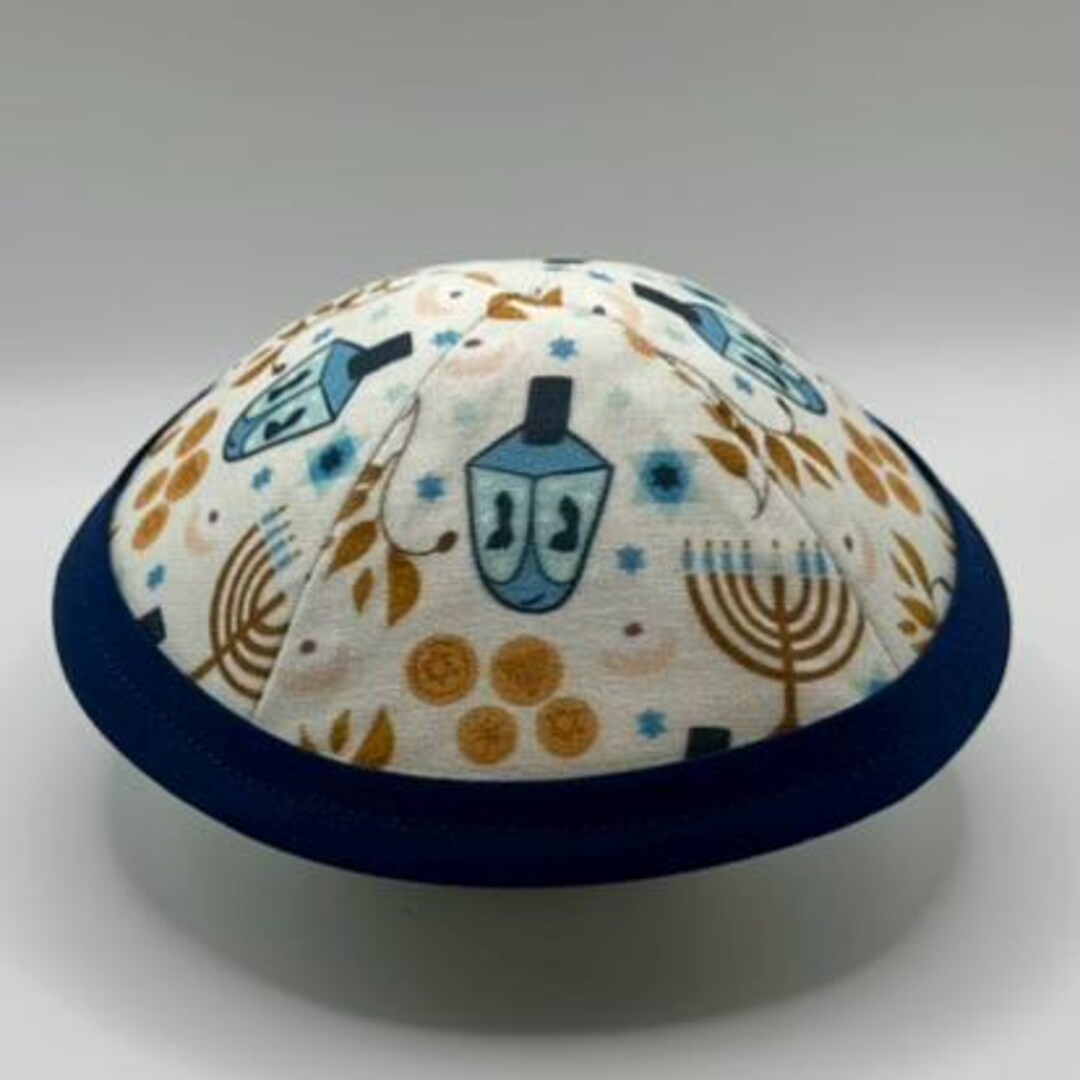 The Golden Menorahs and Blue Dreidels | Whimsical Yarmulke | Fun Kippah ...