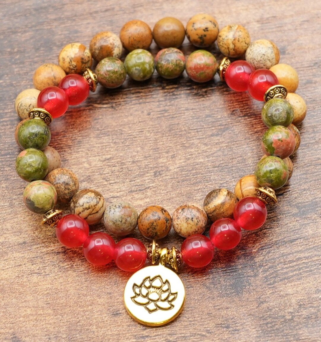 2 Pcs/set Natural Stone Bracelet Picture Jasper Lotus Charm Semi ...