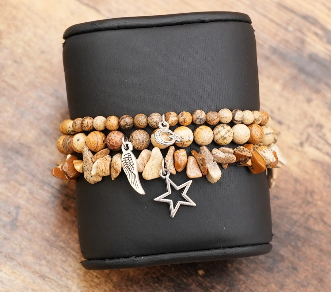 3 Piece Bracelet Set Elastic Band Map Jasper Stone Set Wing, Star ...