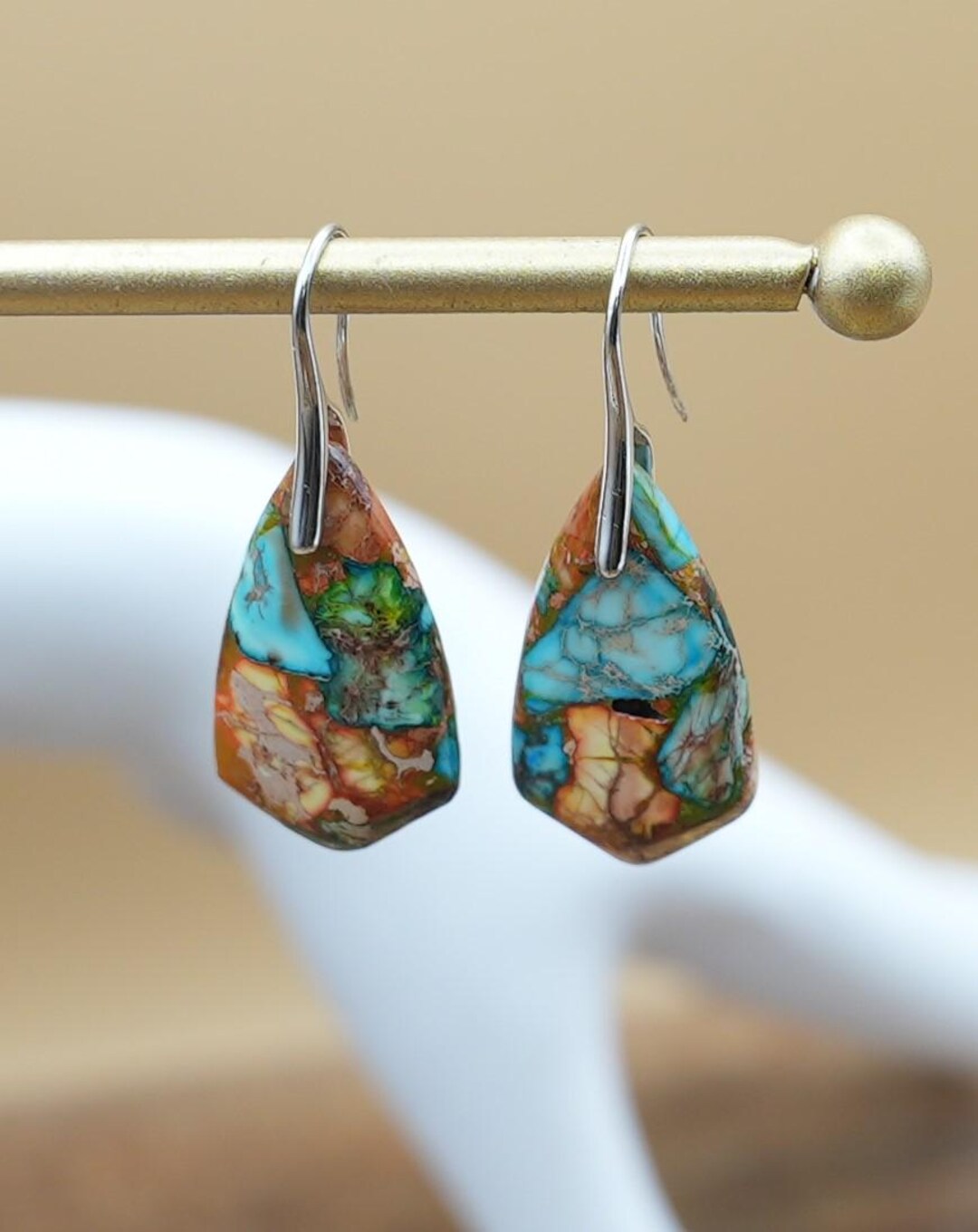 Geometric Jasper Dangle Original Earrings: Boho Silver Hook Earrings ...