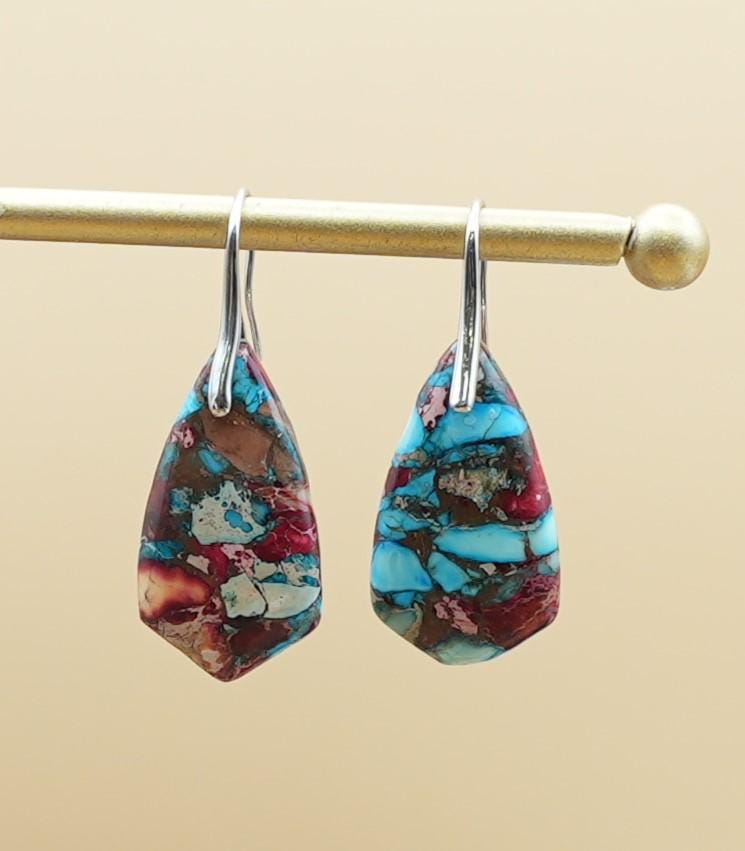 Geometric Jasper Dangle Original Earrings: Boho Silver Hook Earrings ...