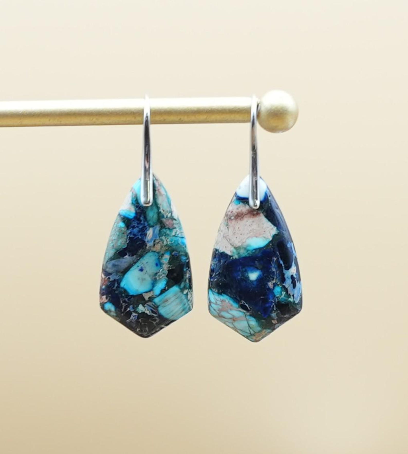 Geometric Jasper Dangle Original Earrings: Boho Silver Hook Earrings ...