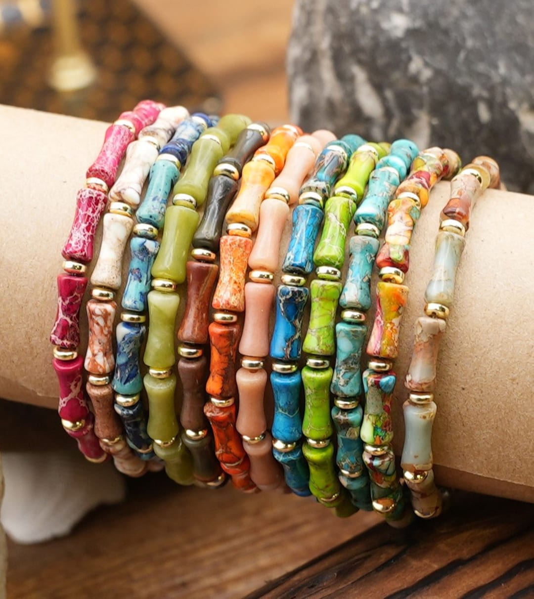 Bamboo Imperial Jasper Bracelet: Dainty Gemstone Beaded Jewelry - Etsy