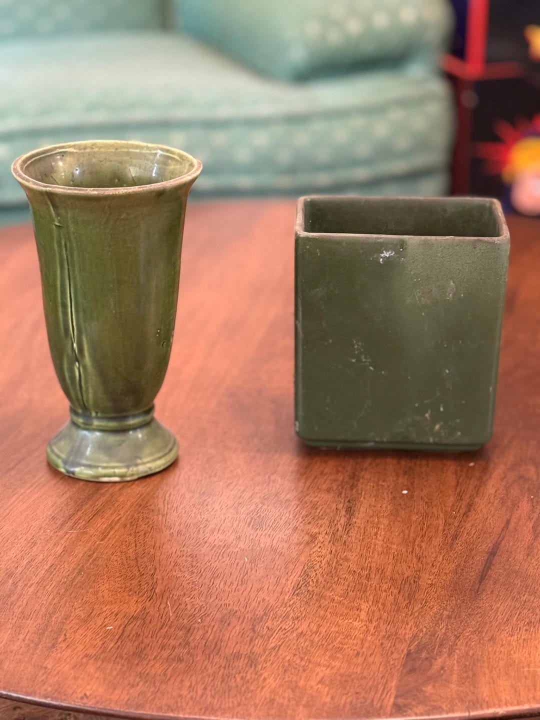 Vintage Green Pottery Vases – Rustic Studio Handmade Ceramic – Footed ...