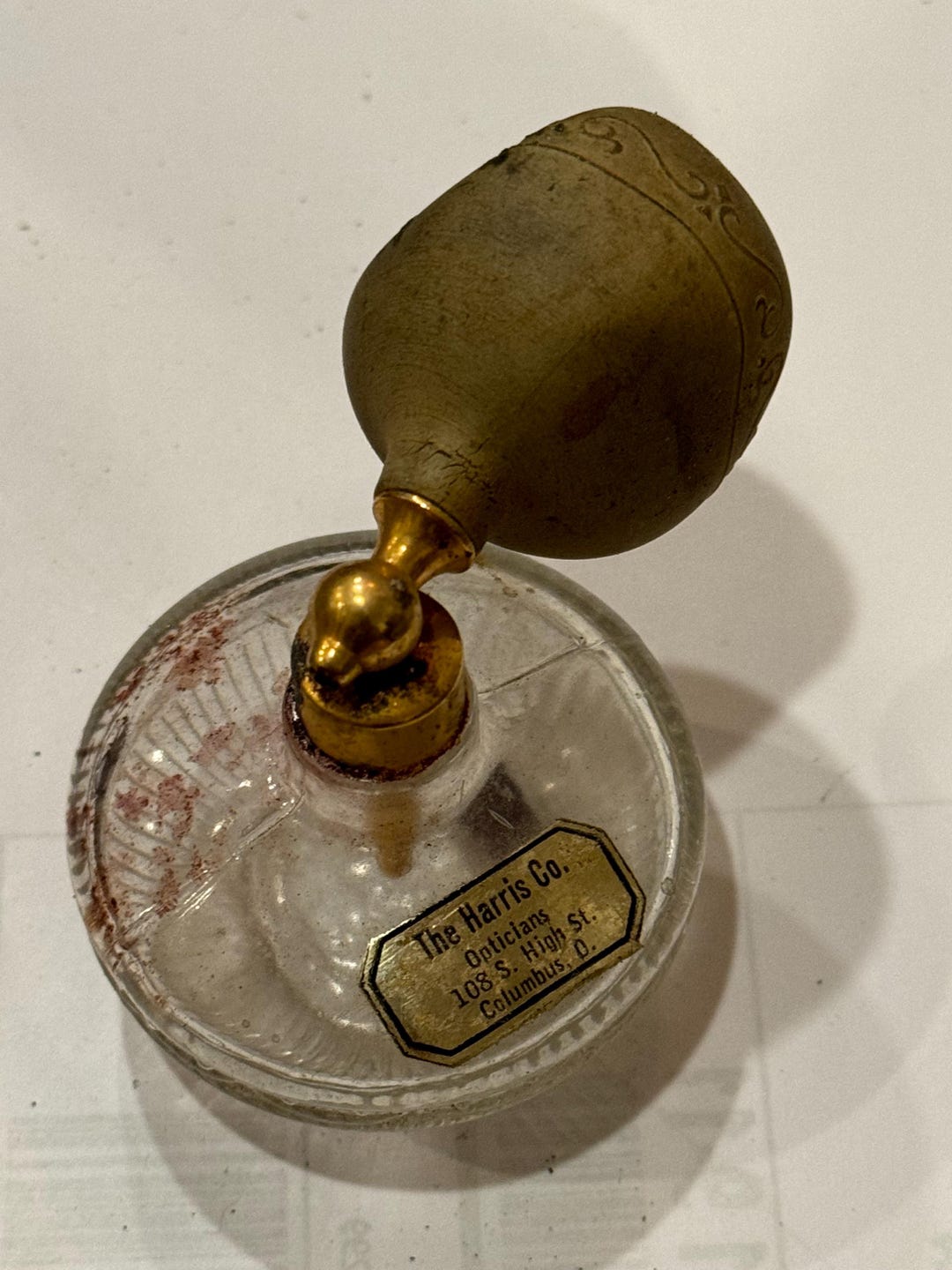 Antique Glass Atomizer W/ Brass Fittings & Harris Co. Opticians Label ...