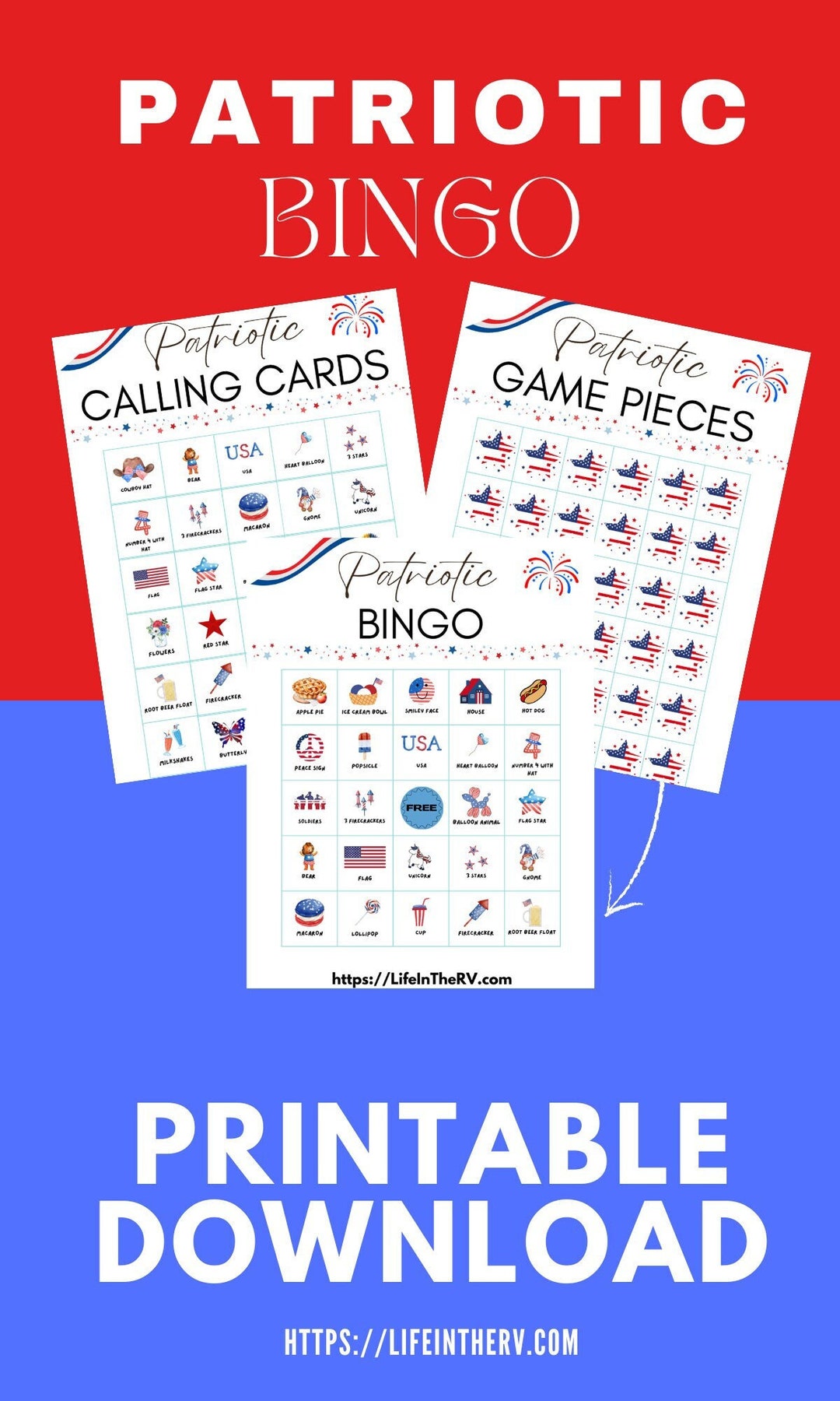 Patriotic Bingo Game: 20 Cards, Calling Cards, Markers (printable ...