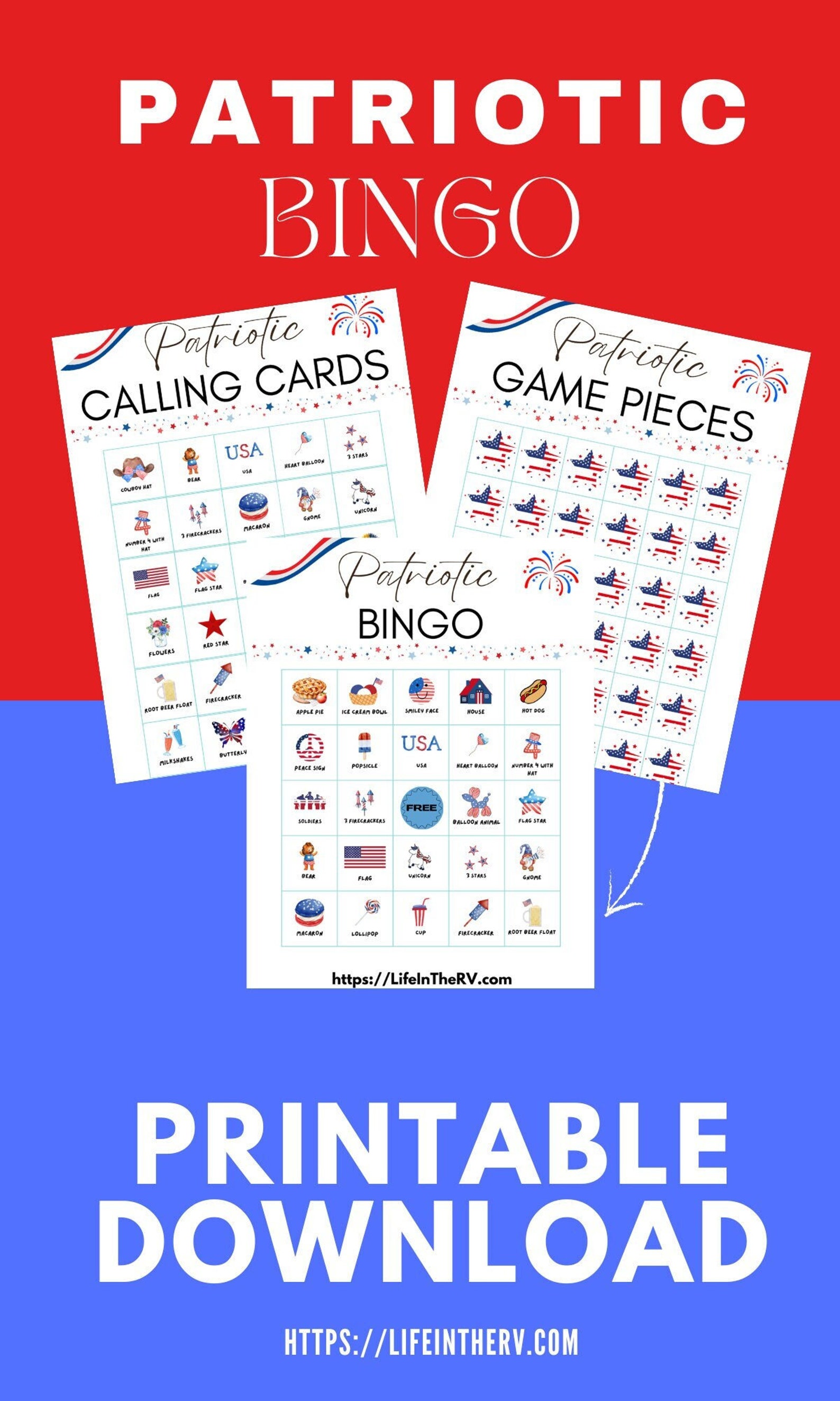 Patriotic Bingo Game: 20 Cards, Calling Cards, Markers (printable ...