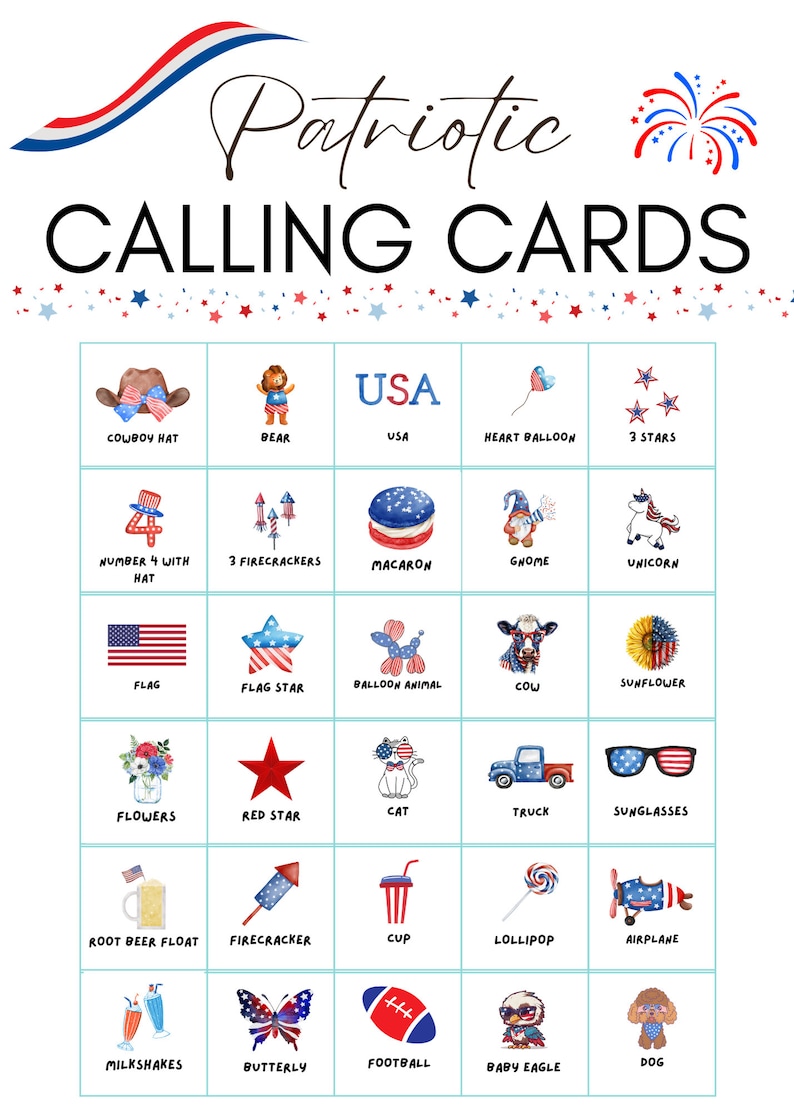 Patriotic Bingo Game: 20 Cards, Calling Cards, Markers (printable ...