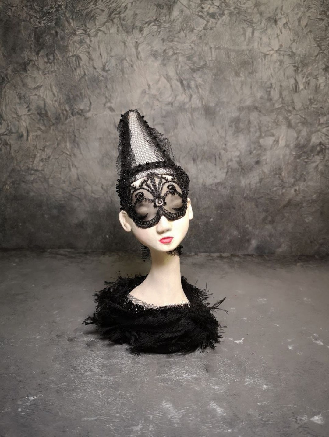 Collectible Female Bust, Handmade Sculpture Lady in Black Mask, Unique ...