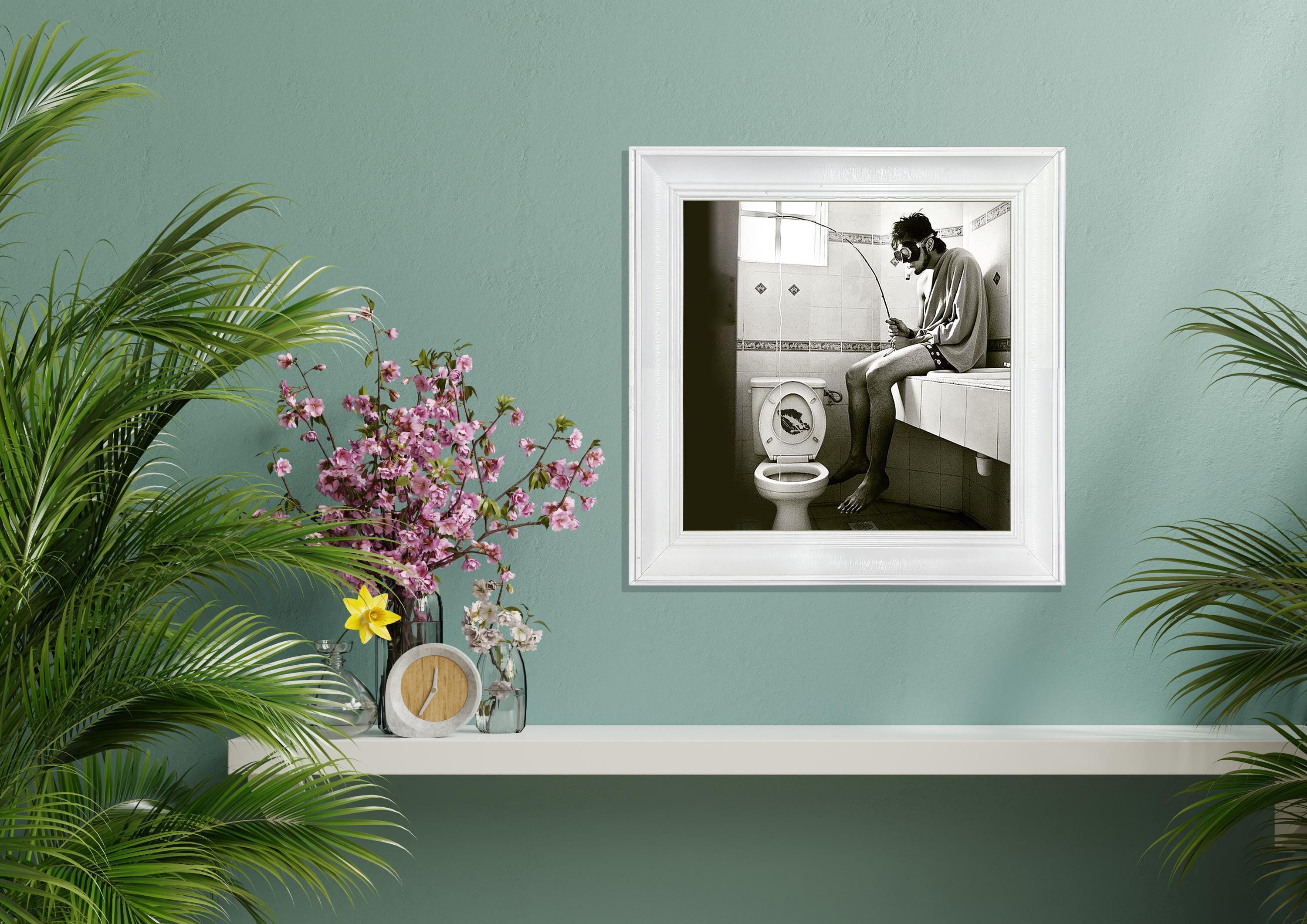 Man Fishing in Toilet Framed Print, Funny Bathroom Wall Art, Black and ...