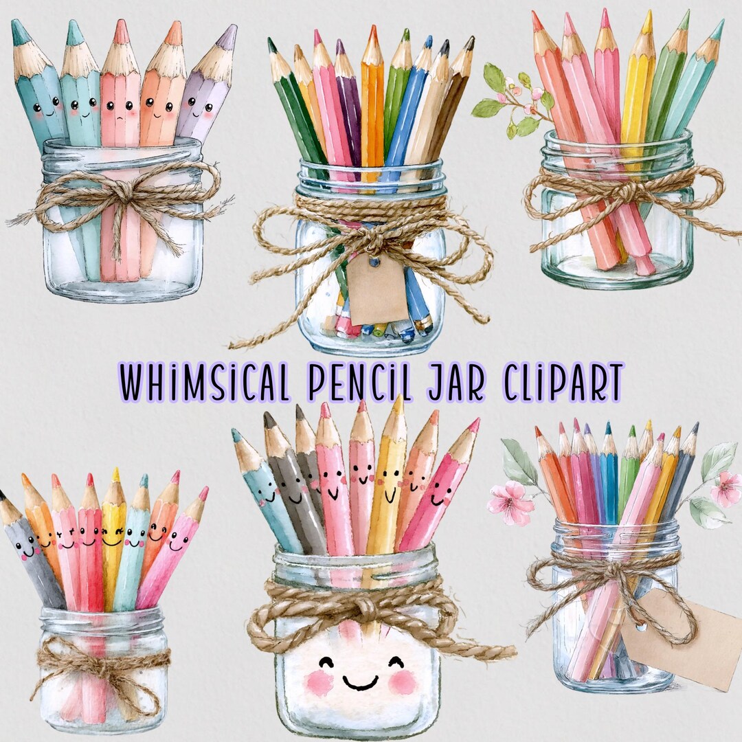 Pencil Jar Clipart | Cute Smiley Pencil Clipart PNG | Watercolor School ...
