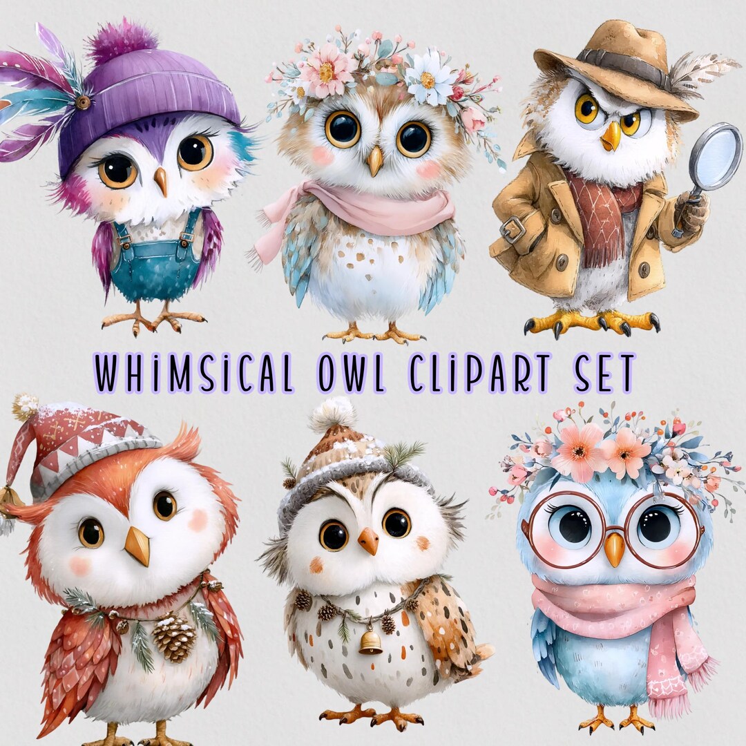 Whimsical Owl Clipart Set | Owls With Hats & Glasses | Glossy ...
