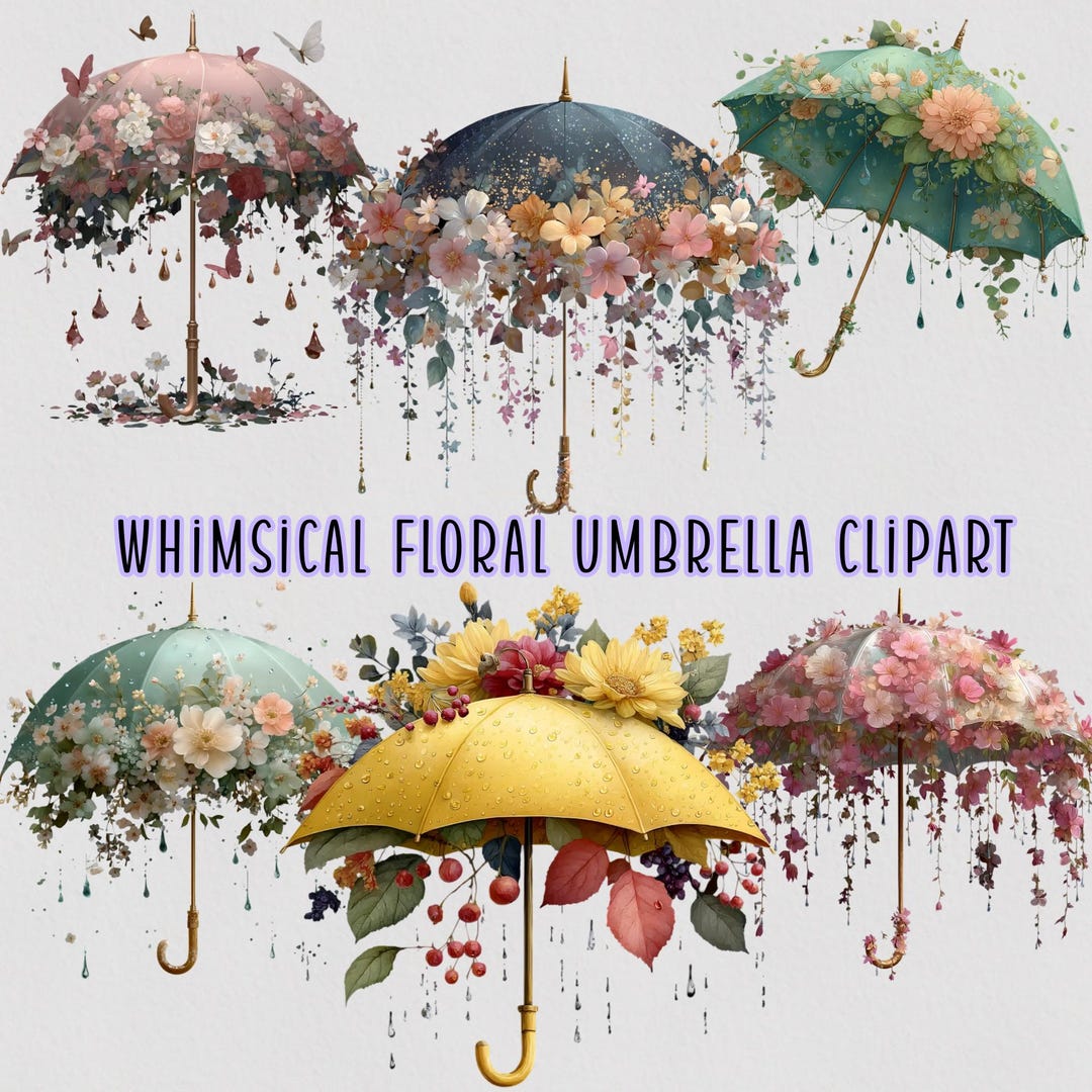 Floral Umbrella Clipart, Whimsical Rainy Day PNG, Watercolor Umbrella ...