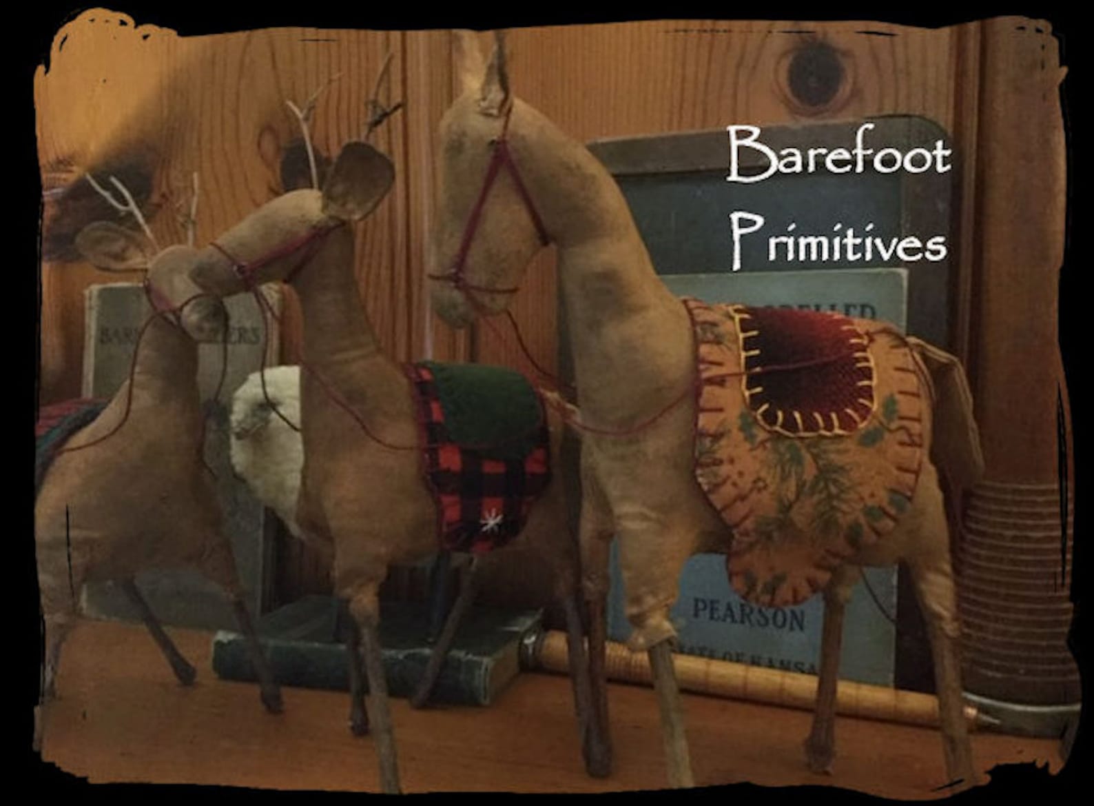 MAILED Primitive Reindeer Doll Winter Christmas Saddle Penny Rug Mailed ...