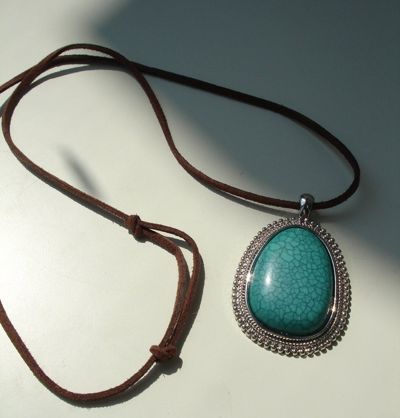 Fake Turquoise Pendant Necklace With Brown Suede Cord - Etsy