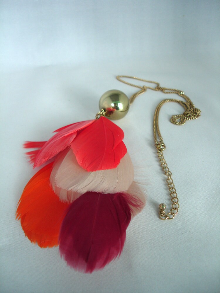 Gold/brassmetal Ball Feathers Pendant Long Chain Necklace - Etsy