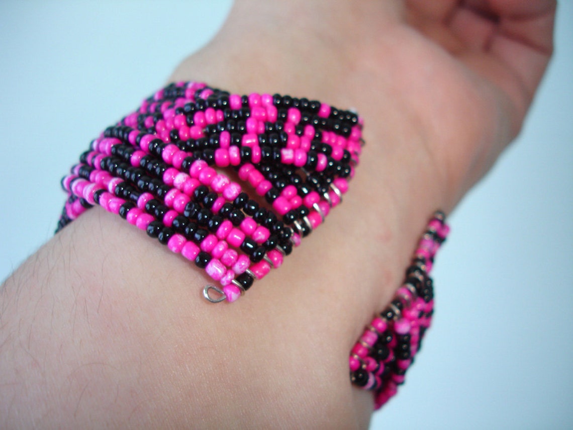 Beaded Memory Wire Bracelet in Pink and Black Emo Style - Etsy