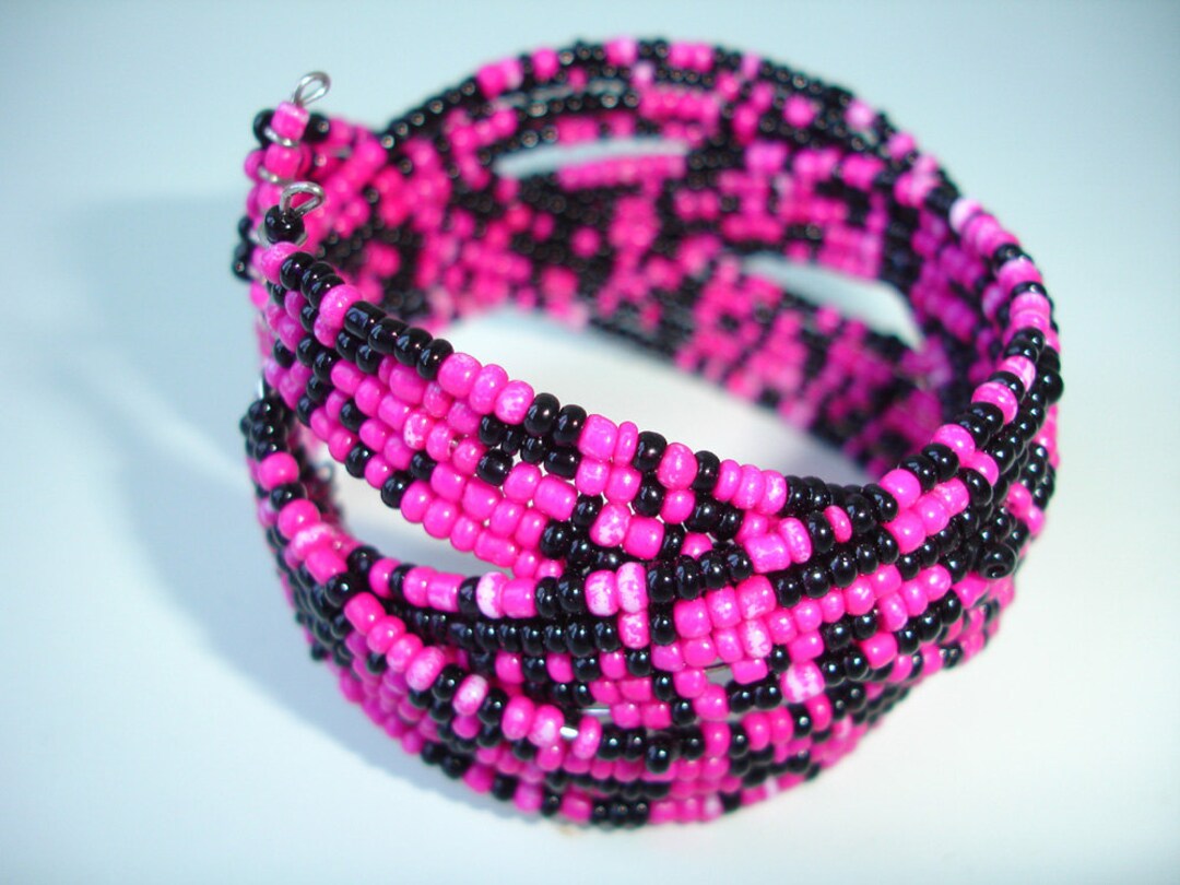Beaded Memory Wire Bracelet in Pink and Black Emo Style - Etsy